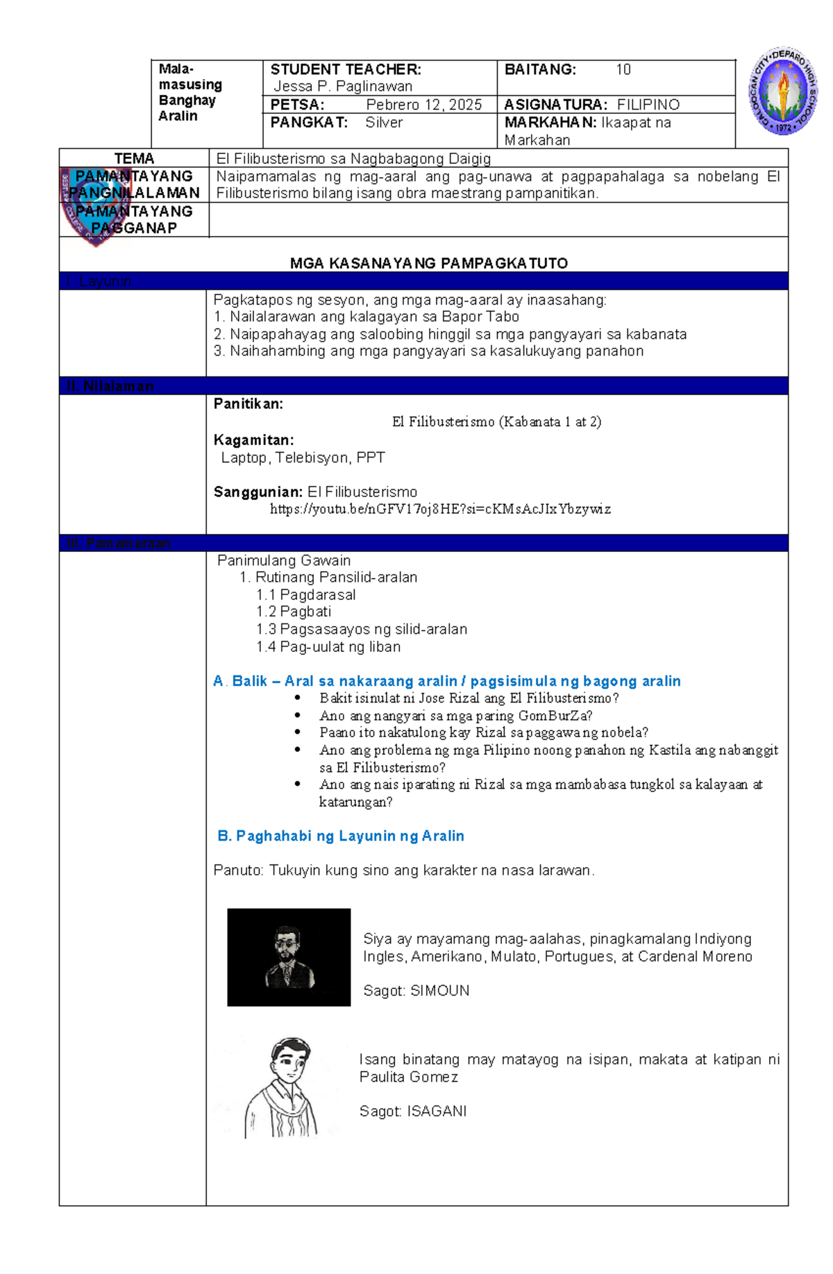 Banghay-Aralin sa El Filibusterismo: Kabanata 1 at 2 (Filipino 10 ...