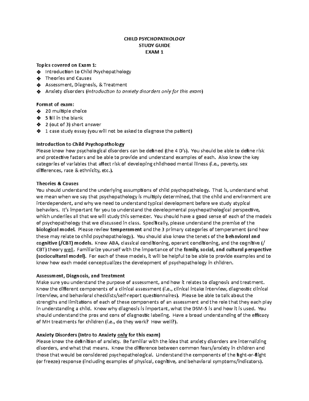 Child Psychopathology Exam 1 Study Guide (PSYCH 305) - Studocu