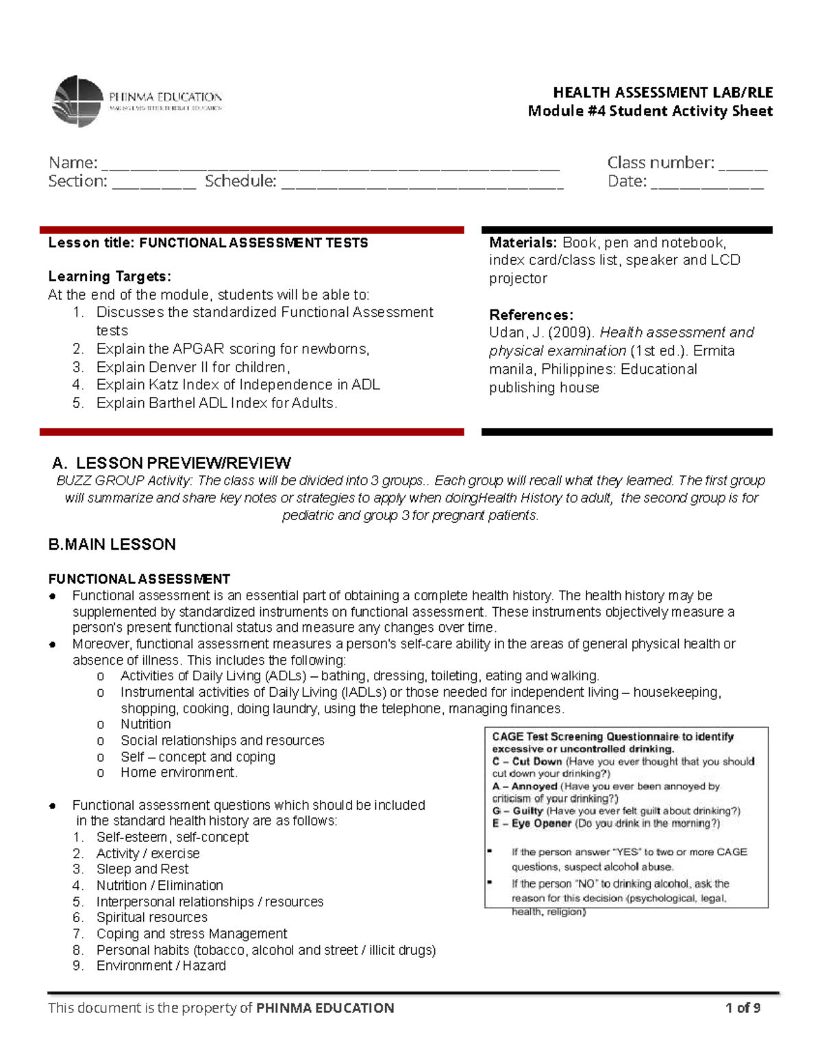HEALTH ASSESSMENT LAB RLE SAS 4-1: FUNCTIONAL ASSESSMENT TESTS - Studocu