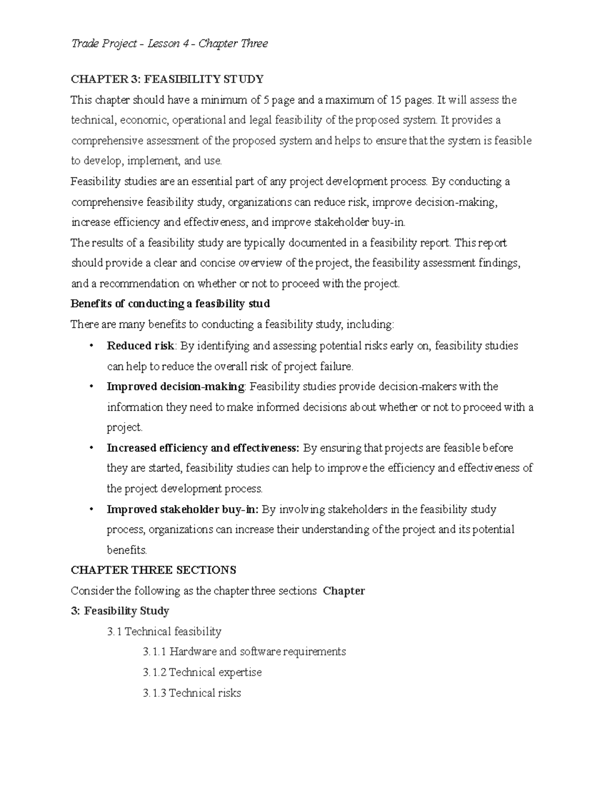 Trade Project - Lesson 4 - Chapter 3: Feasibility Study Analysis - Studocu