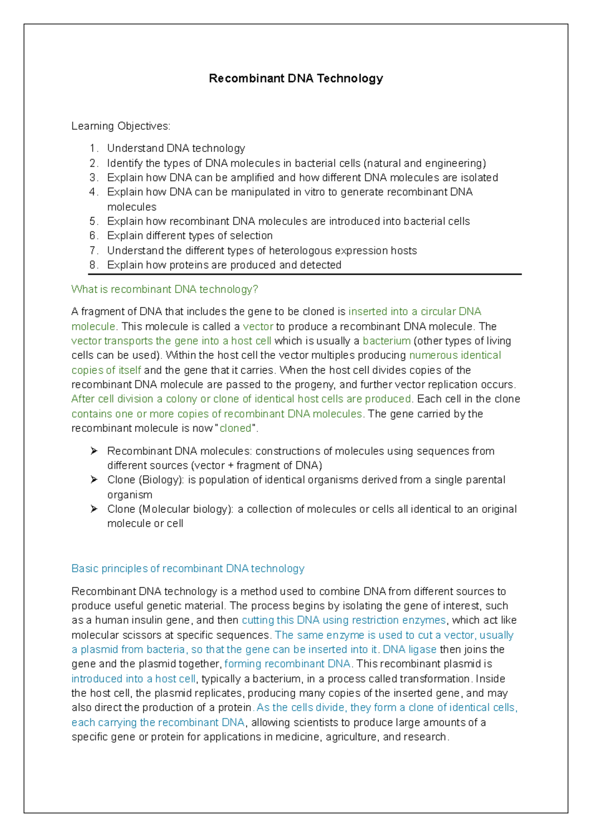 Recombinant DNA Technology Overview and Learning Objectives - Studocu