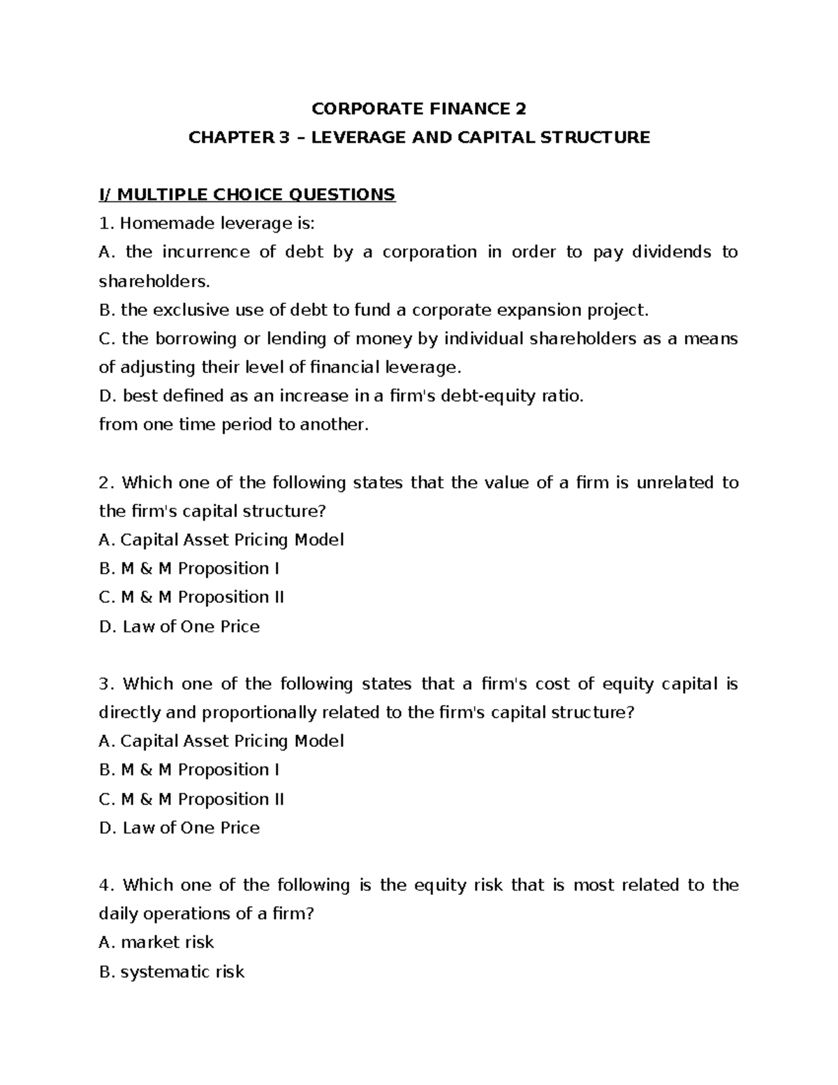 CORPORATE FINANCE 2 CHAPTER 3 LEVERAGE & CAPITAL STRUCTURE MCQs - Studocu