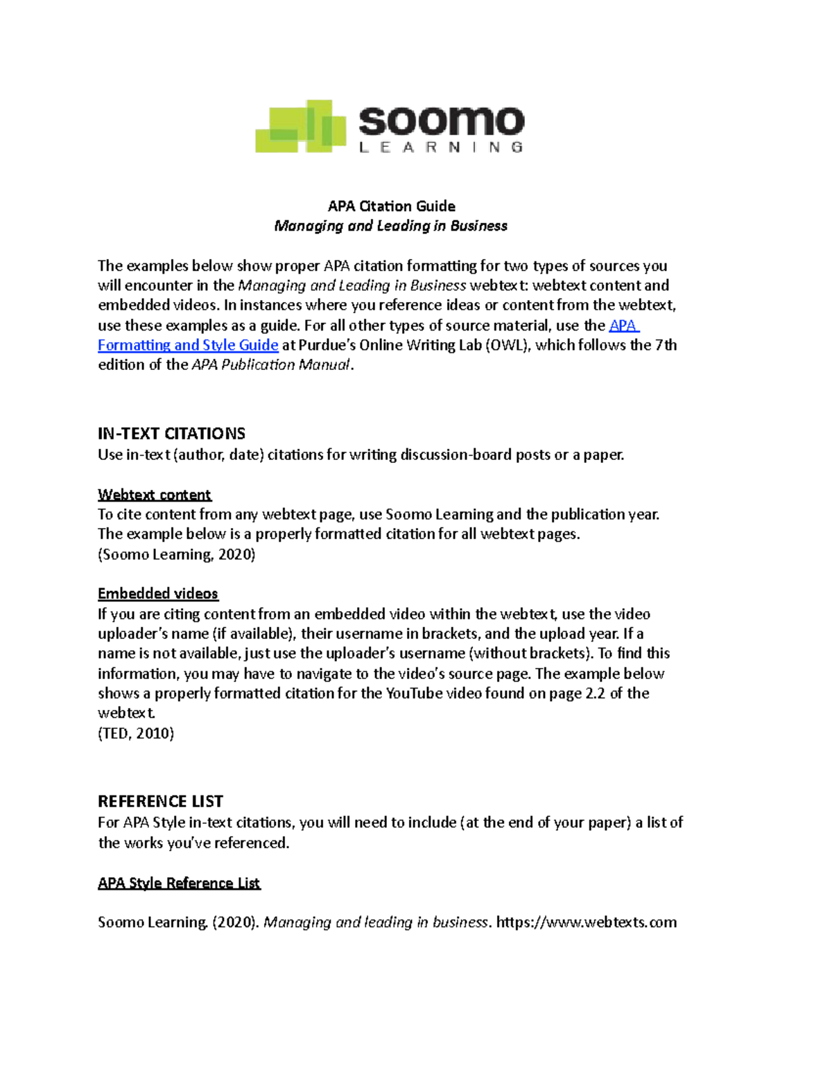 BUS210 APA Citation Guide for Managing and Leading in Business - Studocu
