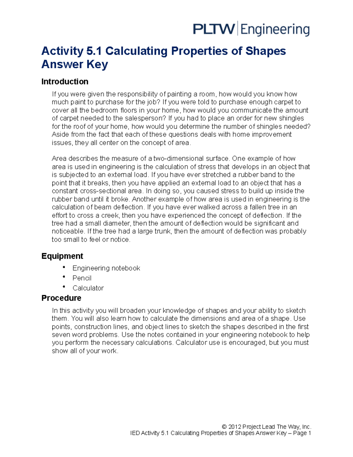Activity 5.1: Calculating Area & Properties of Shapes - Answer Key ...