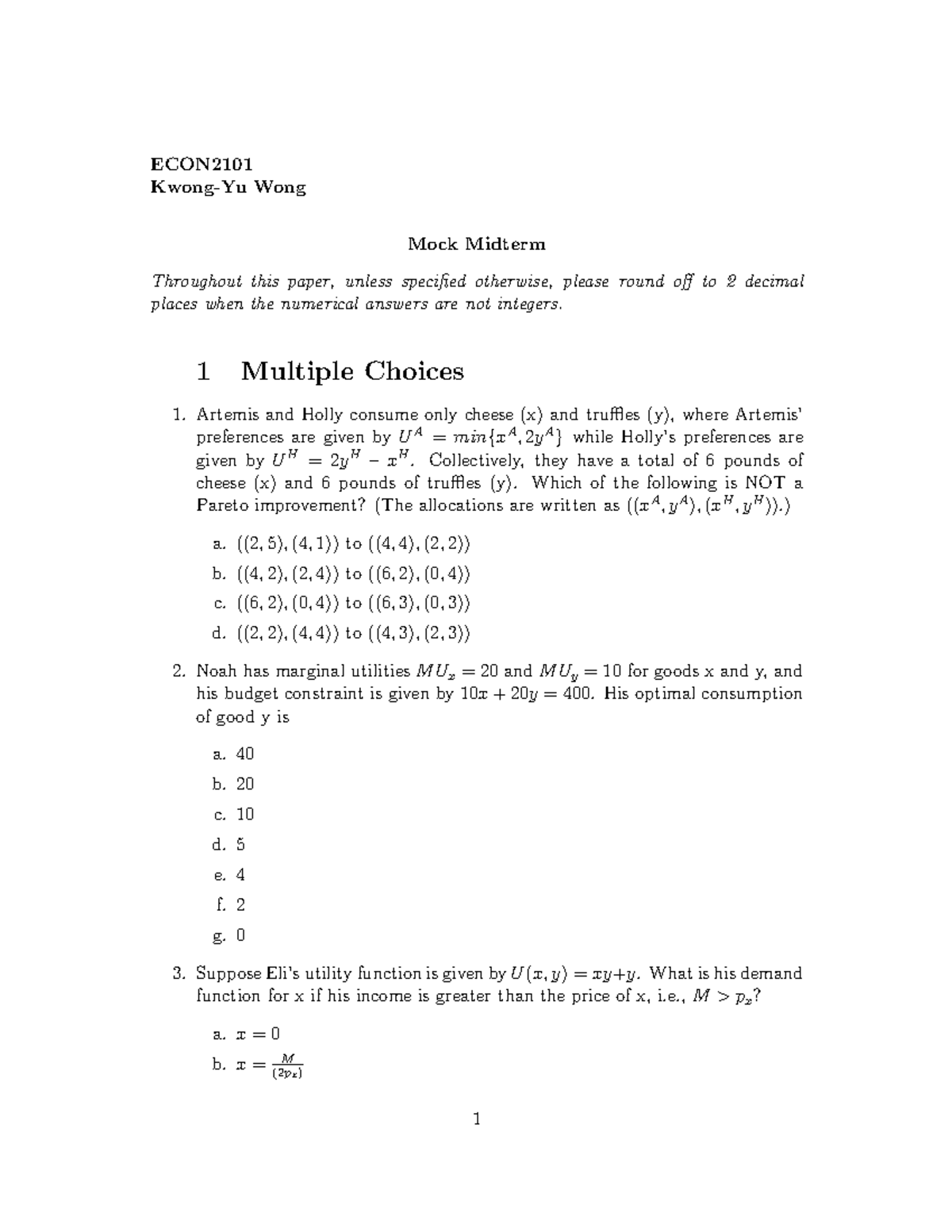 ECON2101 Mock Midterm Exam Study Guide - Studocu