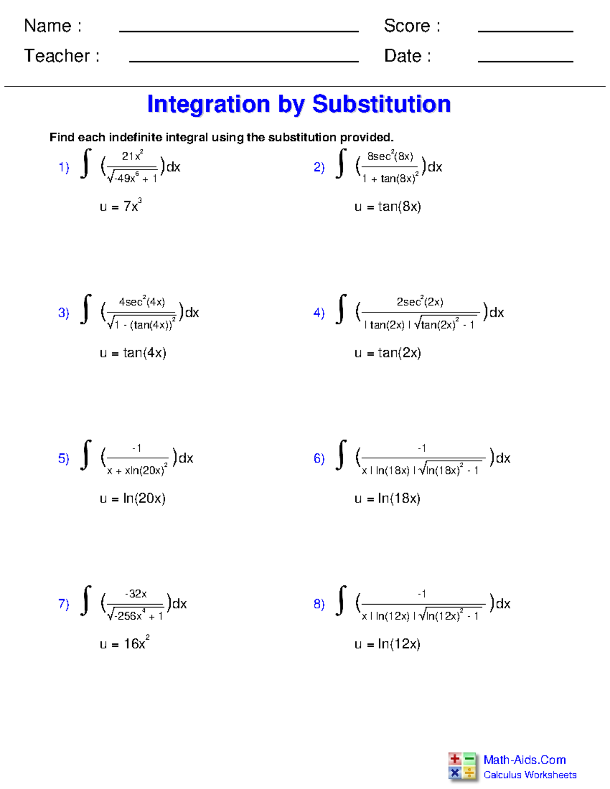 Calc Review Integration (25) - Find each indefinite integral using the ...