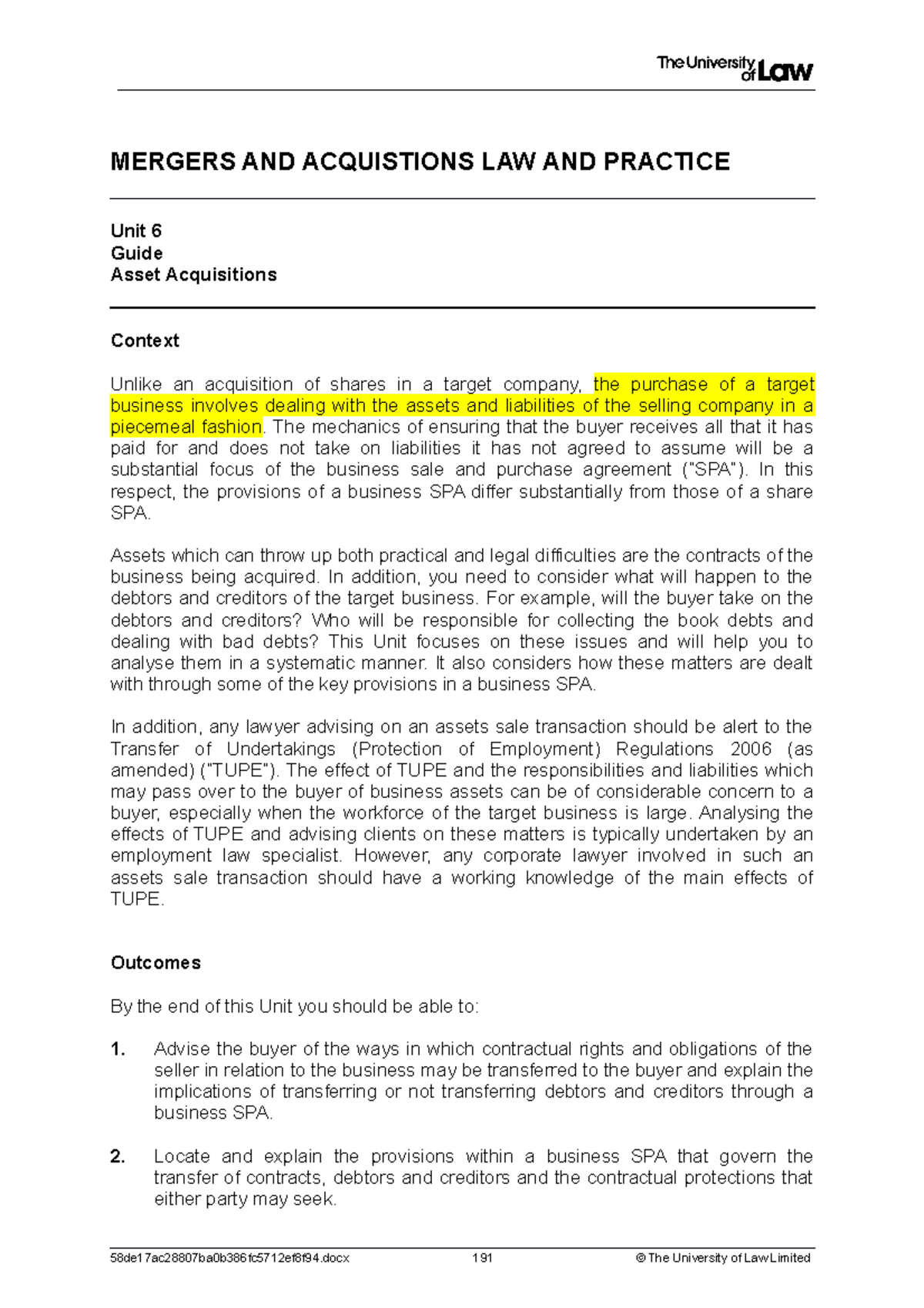Workshop 6 - MERGERS AND ACQUISTIONS LAW AND PRACTICE Unit 6 Guide Asset Acquisitions Context ...
