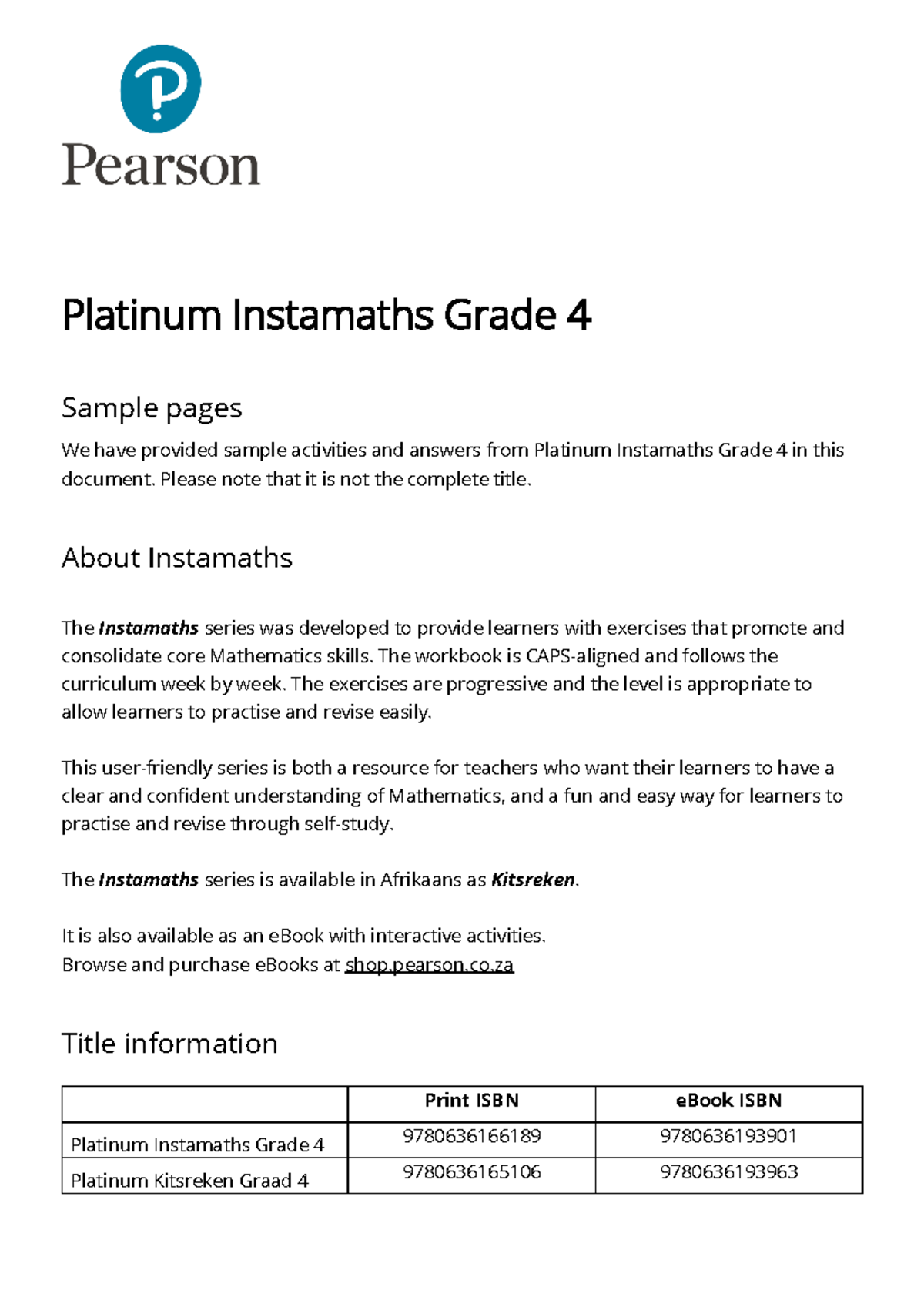 Platinum Instamaths Grade 4: Sample Activities and Answers - Studocu