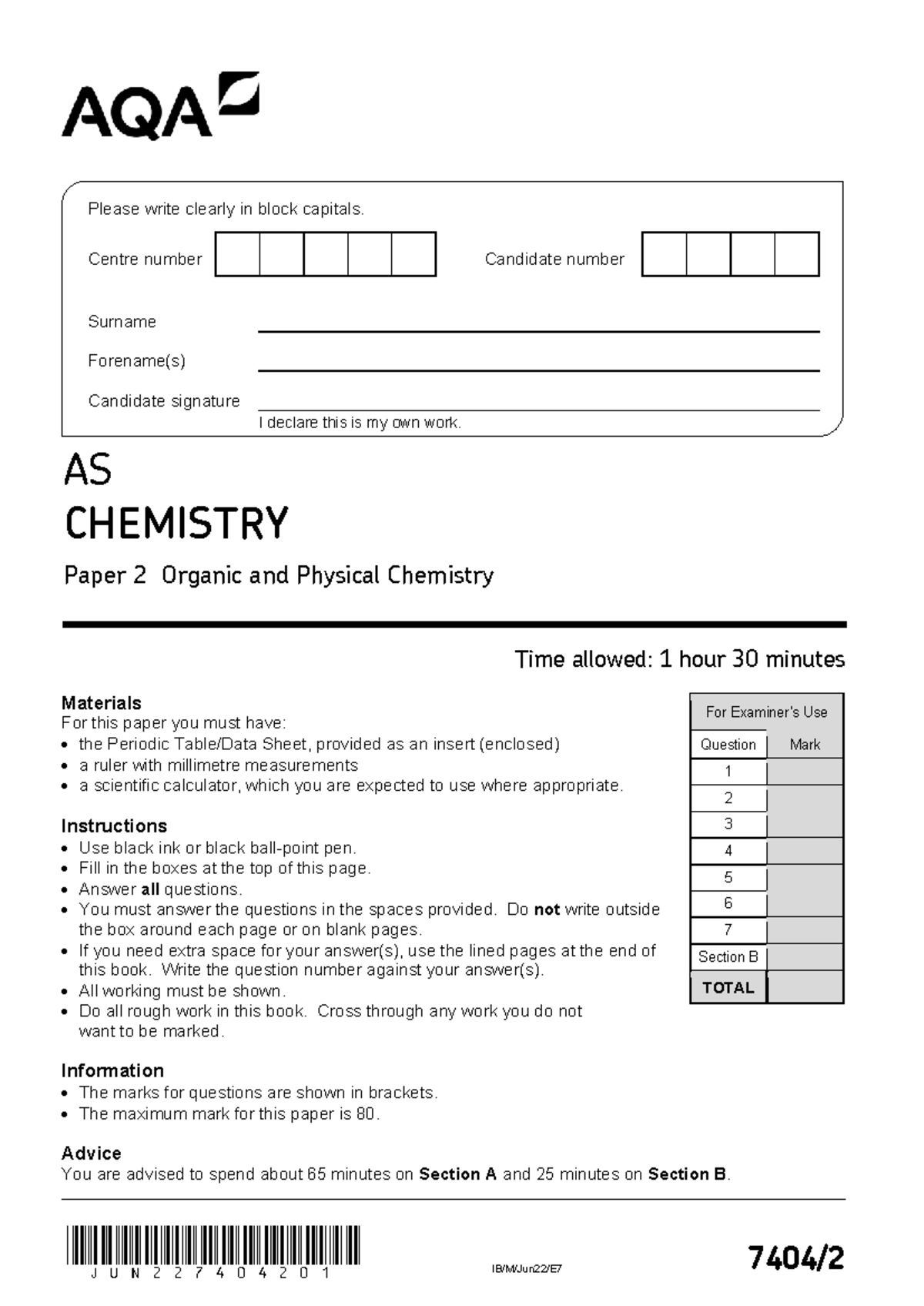 AS CHEMISTRY Paper 2 Organic & Physical Chemistry QP - 2022 - Studocu