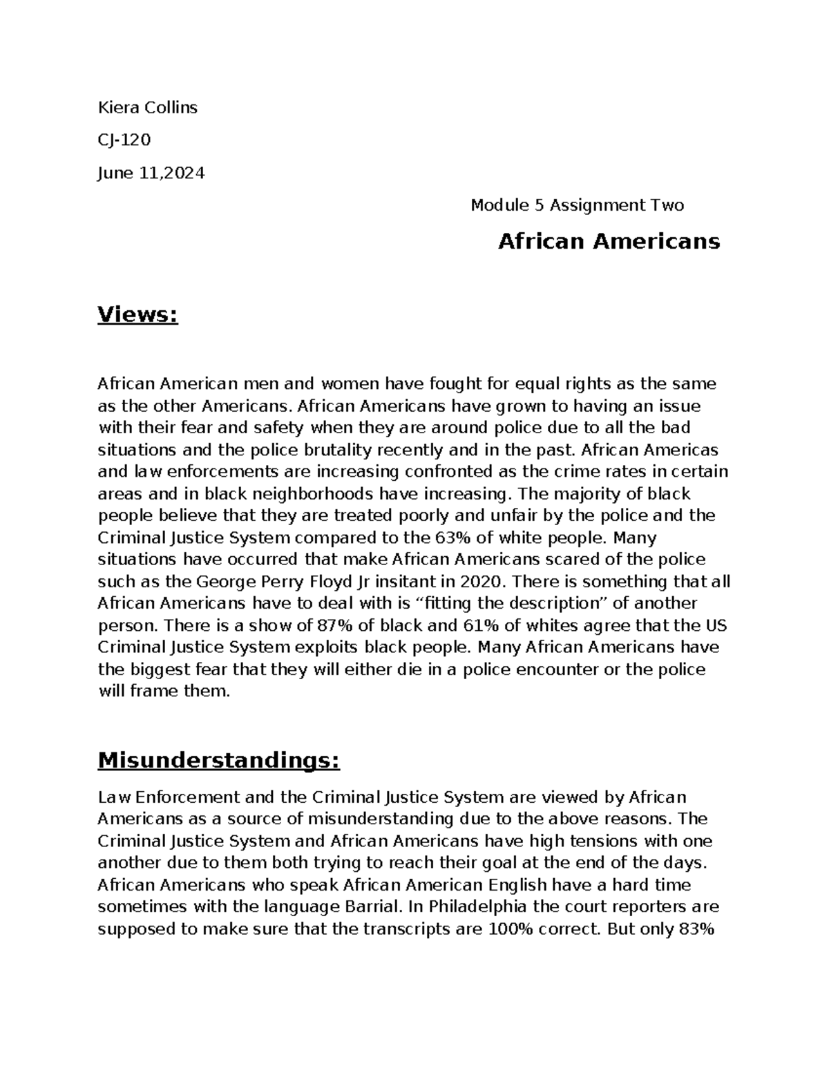 CJ-120 Module 5 Assignment: African Americans and Criminal Justice ...