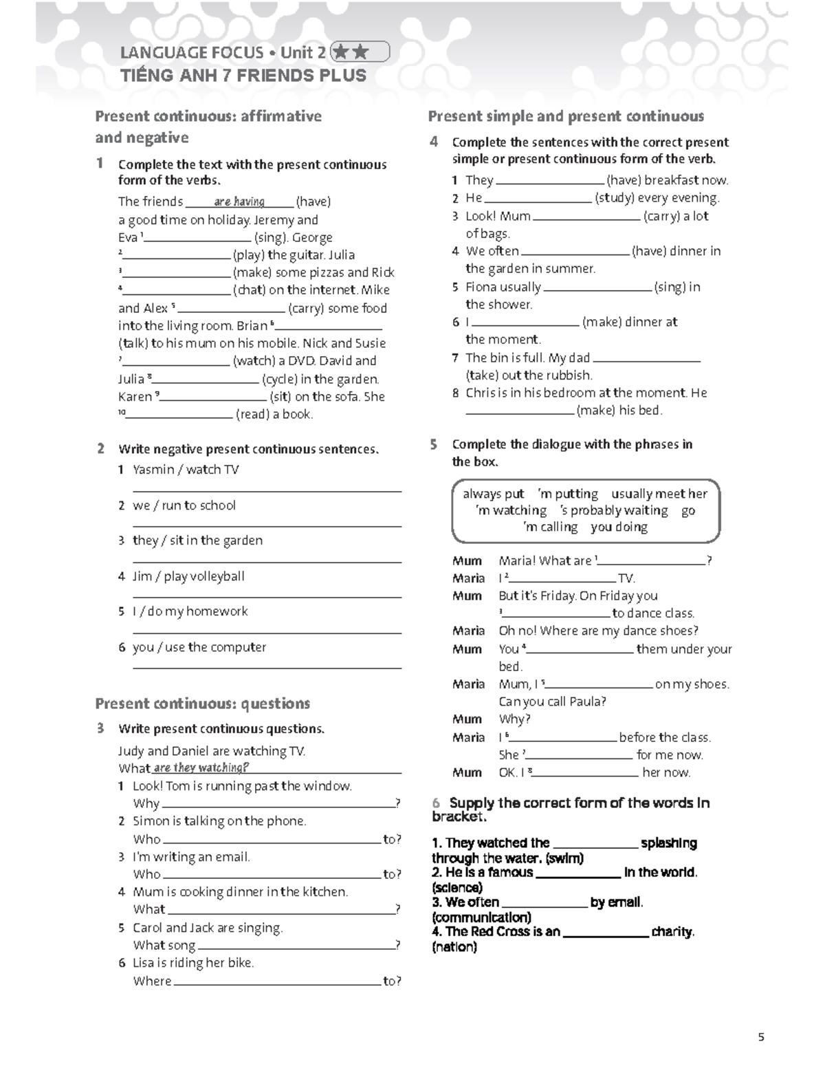 LANGUAGE FOCUS Unit 2 & 3 TIẾNG ANH 7 FRIENDS PLUS Present Continuous ...