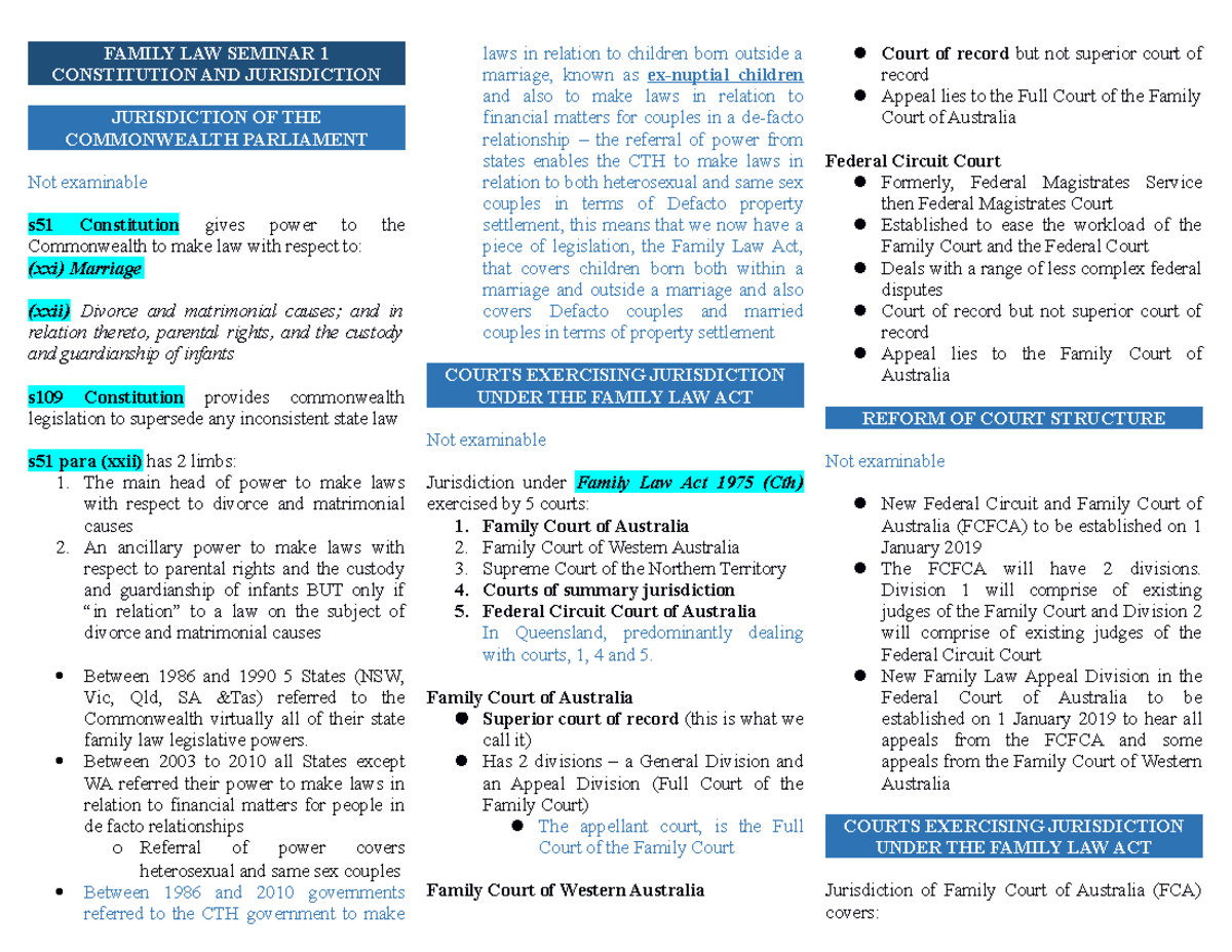 Family Law Lecture Notes (LAW300) - Jurisdiction & Marriage Aspects ...