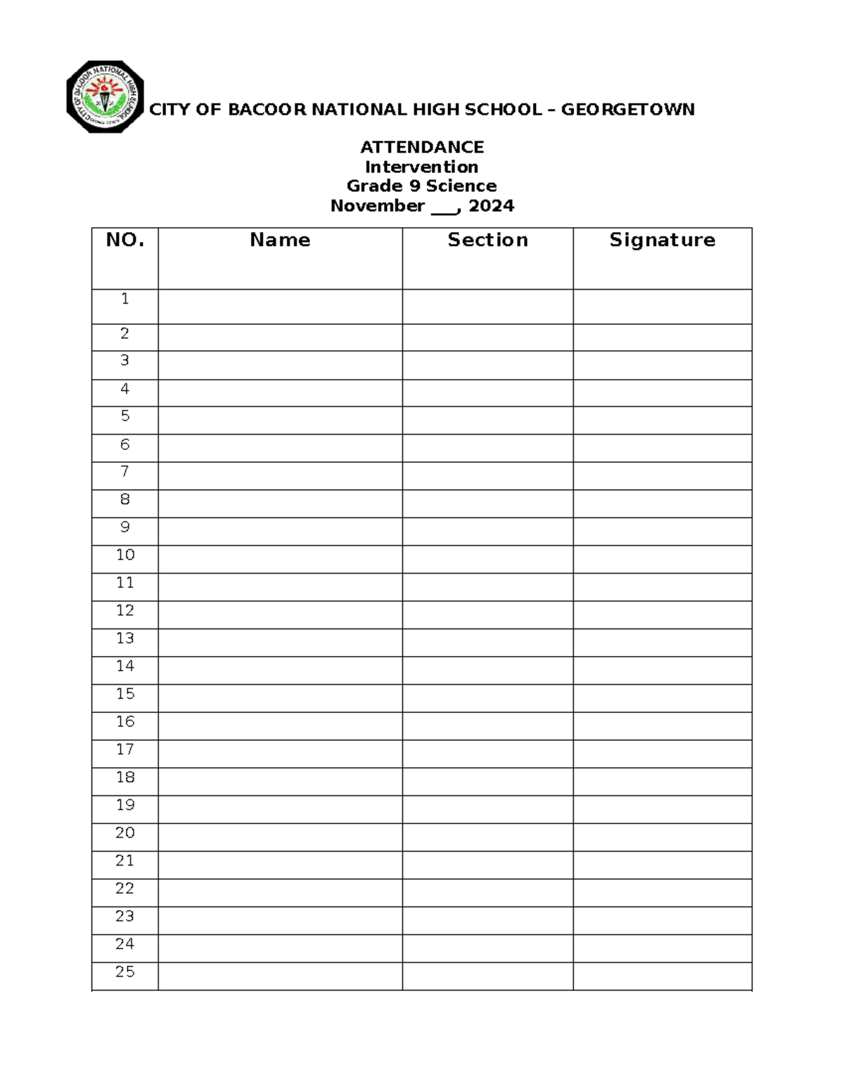 Attendance sheet - English - CITY OF BACOOR NATIONAL HIGH SCHOOL – GEORGETOWN ATTENDANCE - Studocu