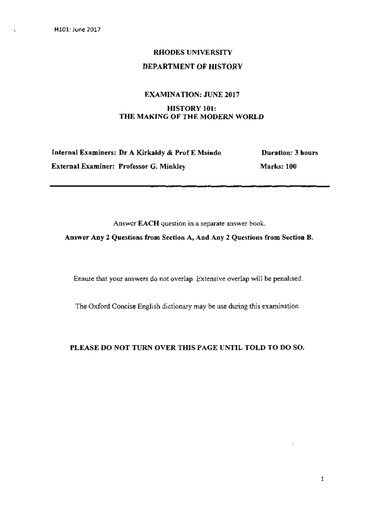 H101: June 2017 History 101 Exam Questions on Modern World ...