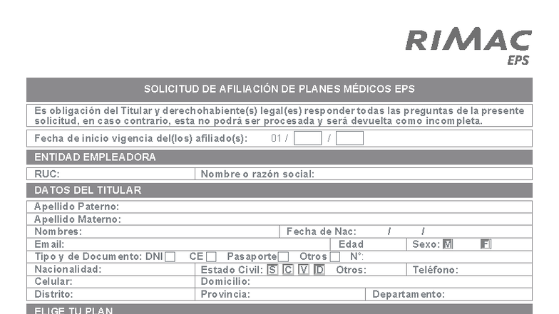 Solicitud de Afiliación a Planes Médicos EPS - RIMAC - Studocu