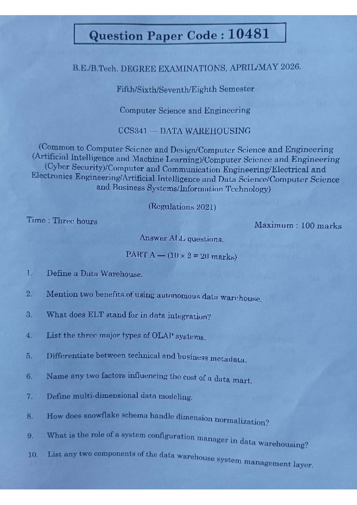 CCS341 - Data Warehousing Exam Paper 2026 - Studocu