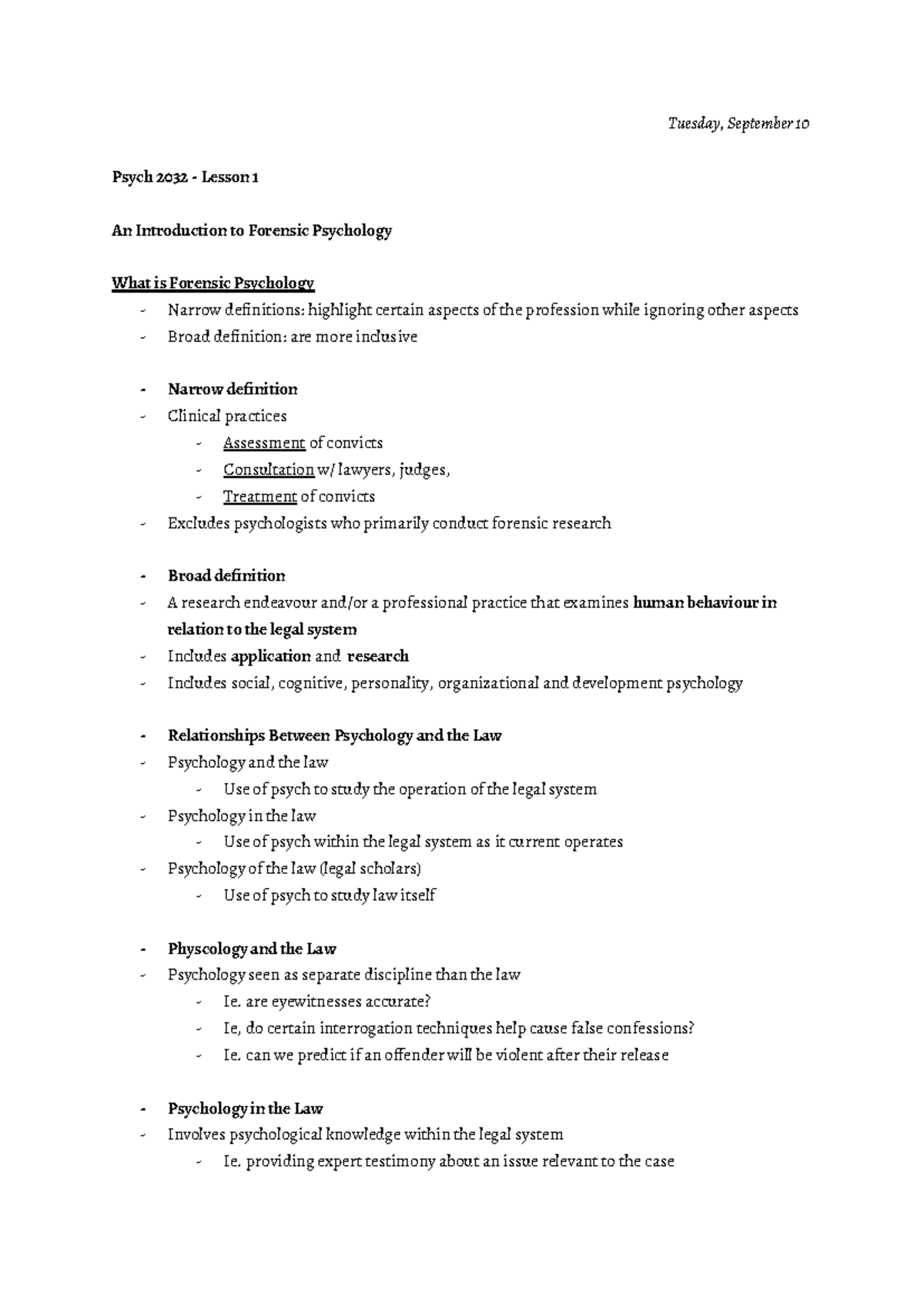 Psych 2032 - Lesson 1: Intro to Forensic Psychology Concepts - Studocu