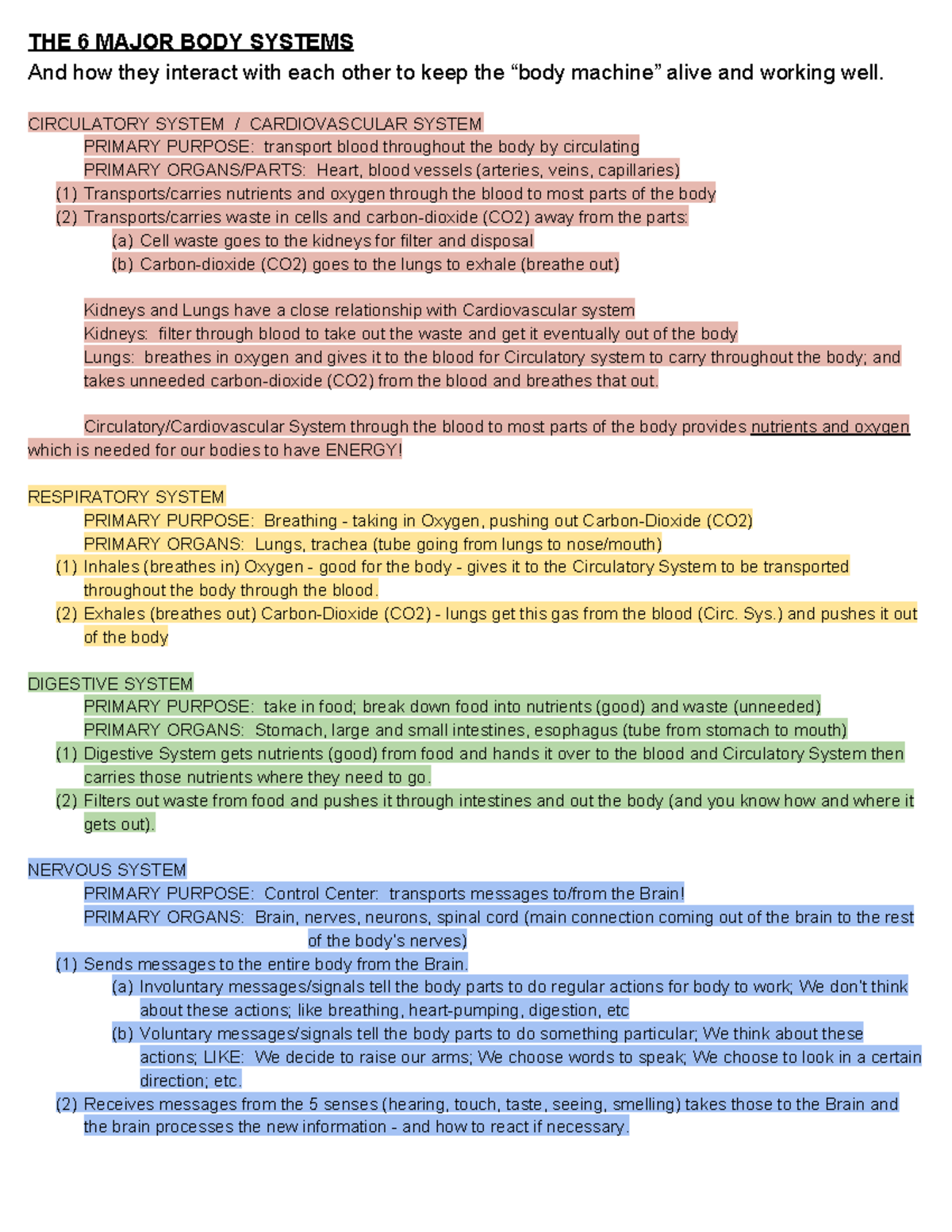 Human Body Systems Overview: Interactions Between Major Systems - Studocu