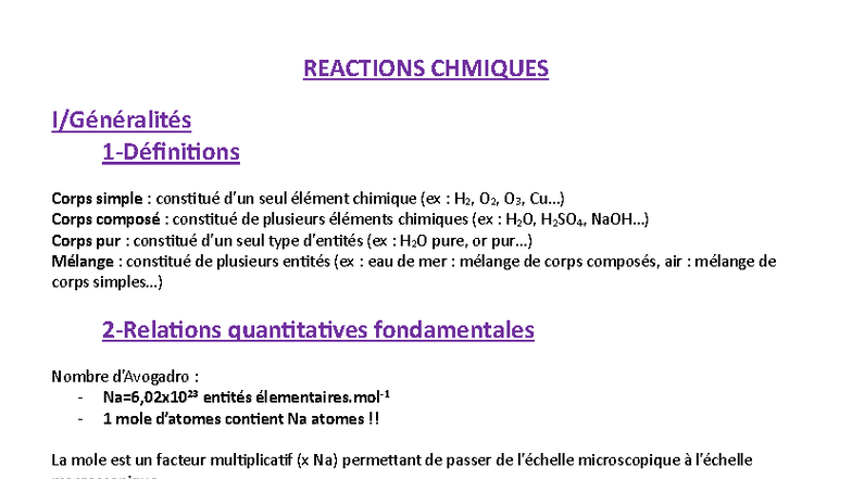 Reactions Chimiques - REACTIONS CHMIQUES I/Généralités 1 - Défini=ons ...