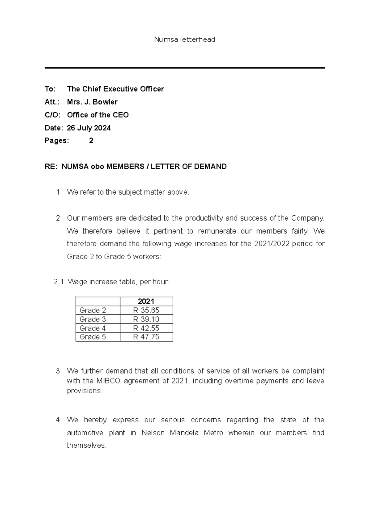 Letter of demand - Numsa letterhead To: The Chief Executive Officer Att ...