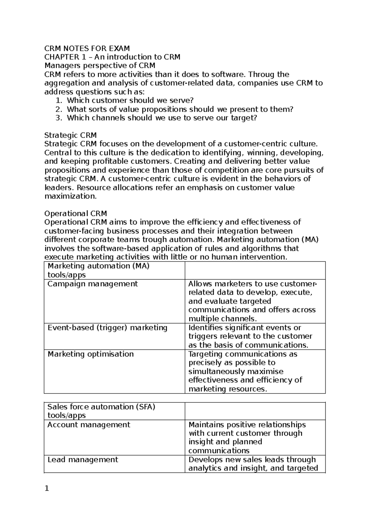 CRM NOTES FOR EXAM - Chapter 1 Overview and Key Concepts - Studocu