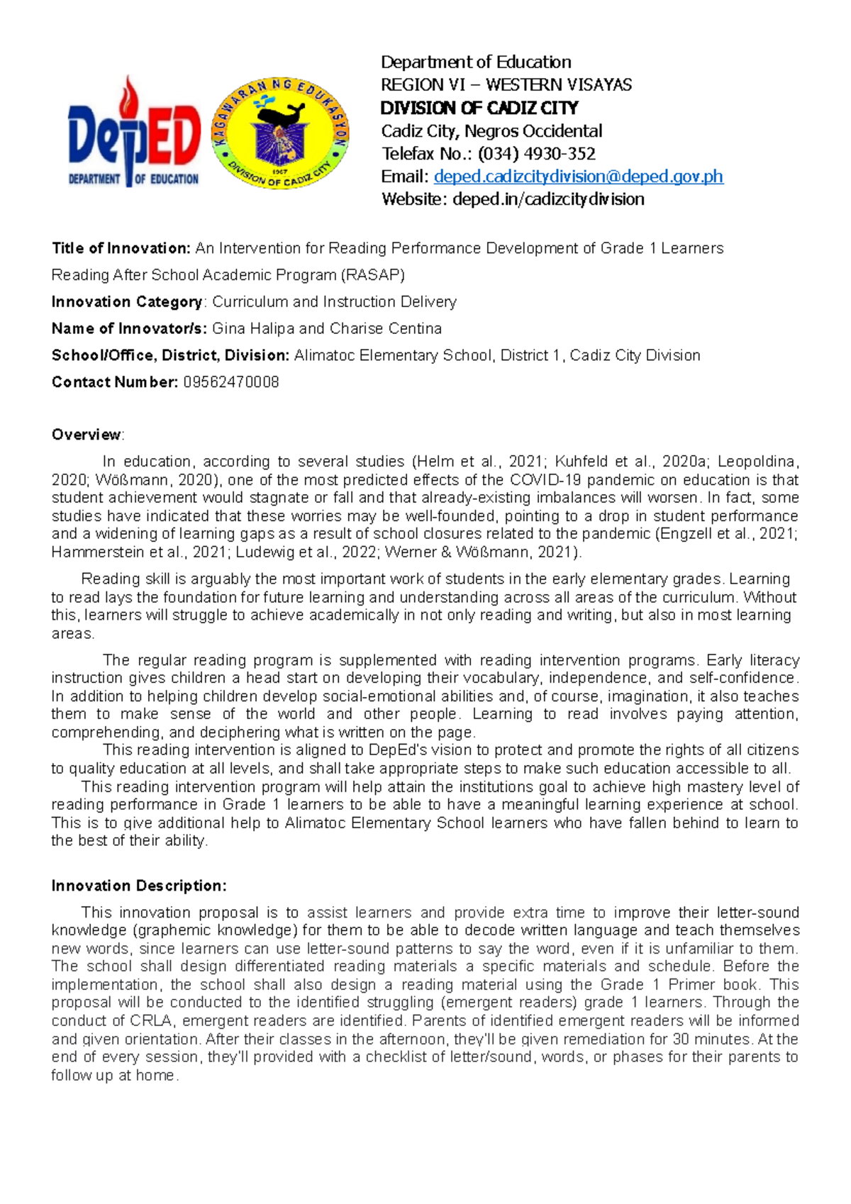 Proposed Innovation for Literacy Skills (EDU 101) - Grade 1 Reading ...