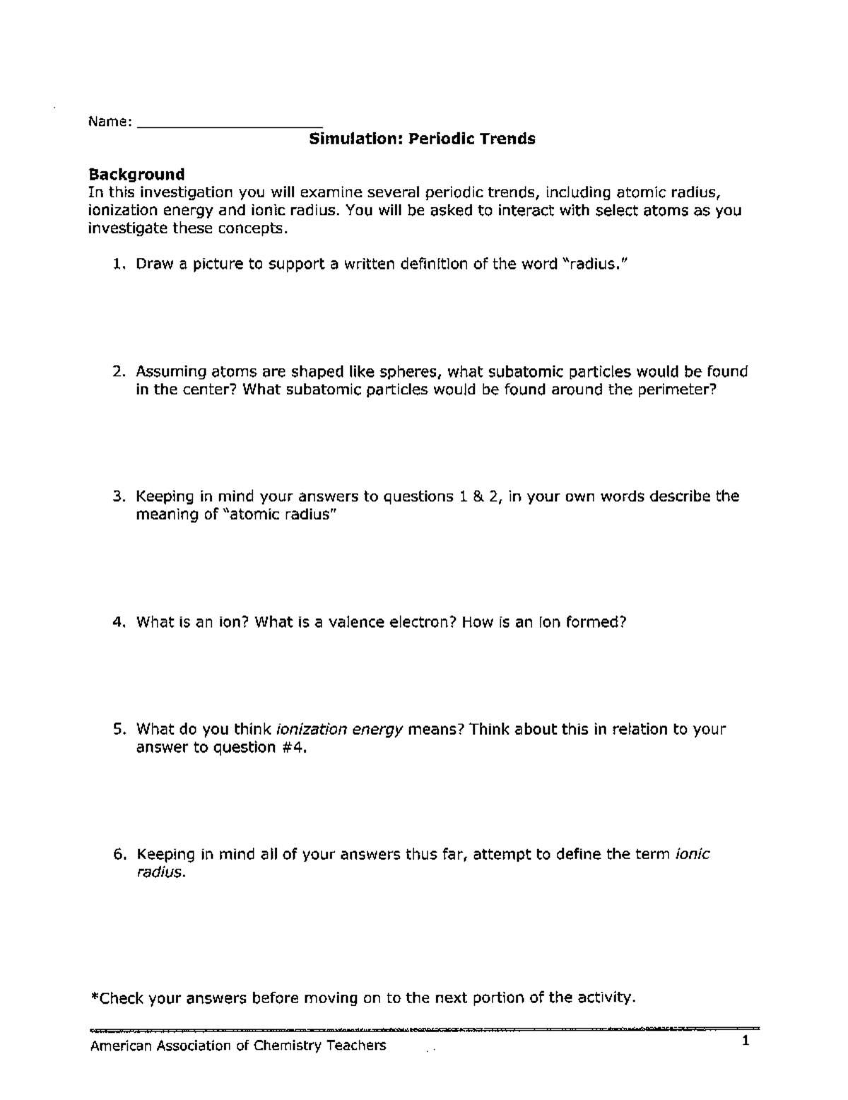 Honors Chemistry CHM 201: Exploring Periodic Trends via Simulation ...