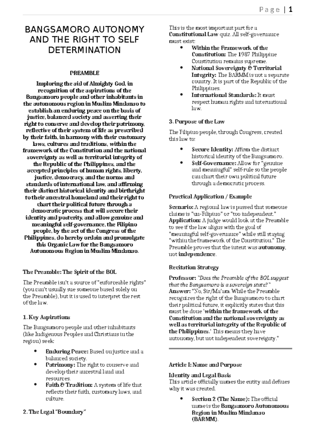 BANGSAMORO AUTONOMY: SELF-DETERMINATION AND LEGAL FRAMEWORK NOTES - Studocu