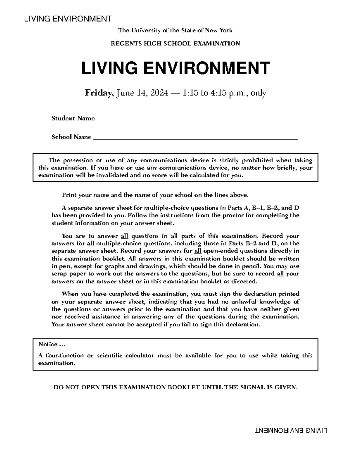 Living Environment Regents Exam - June 2024 - LIVING ENVIRONMENT LIVING ...