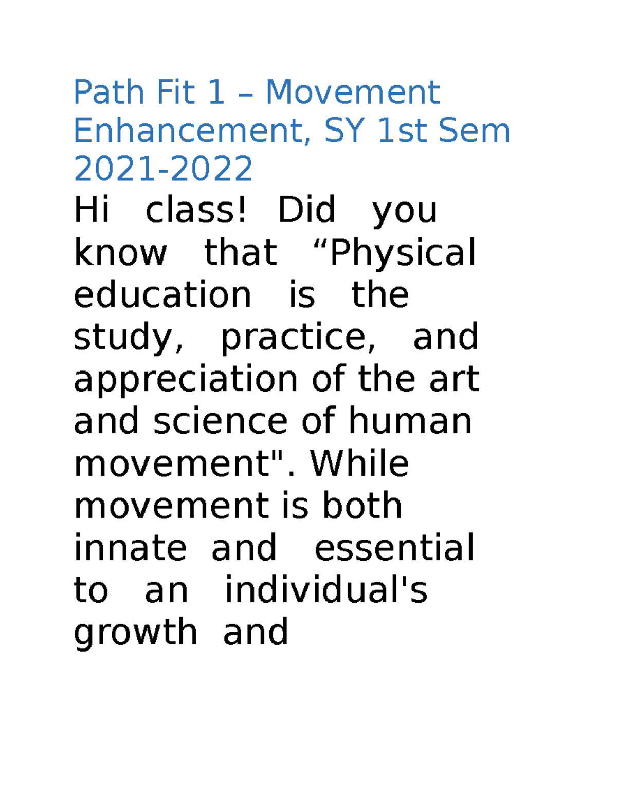 Path Fit 1 - Movement Enhancement Overview and Key Concepts - Studocu