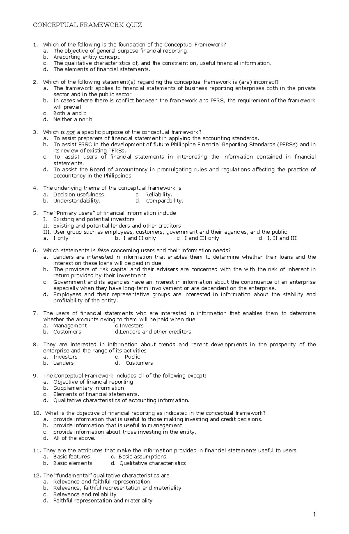 CONCEPTUAL FRAMEWORK QUIZ PRETEST: Key Questions & Answers - Studocu