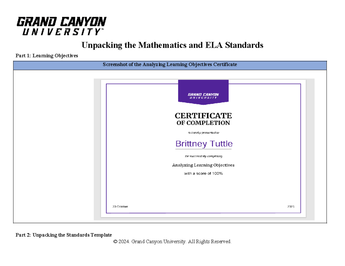 ELM-211: Unpacking Math & ELA Standards - Learning Objectives Guide ...