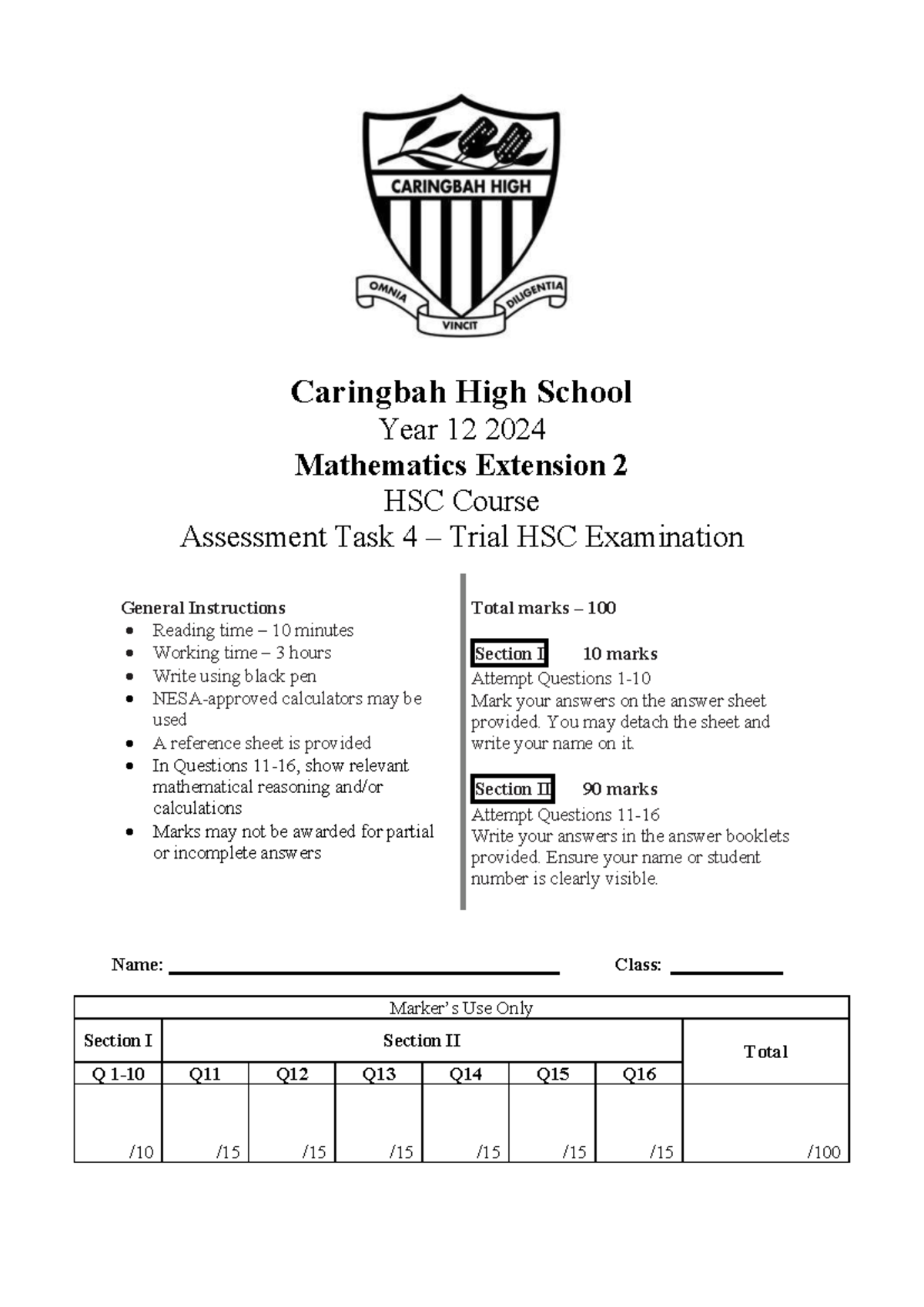 Caringbah High School Year 12 2024 Mathematics Extension 2 HSC Trial ...