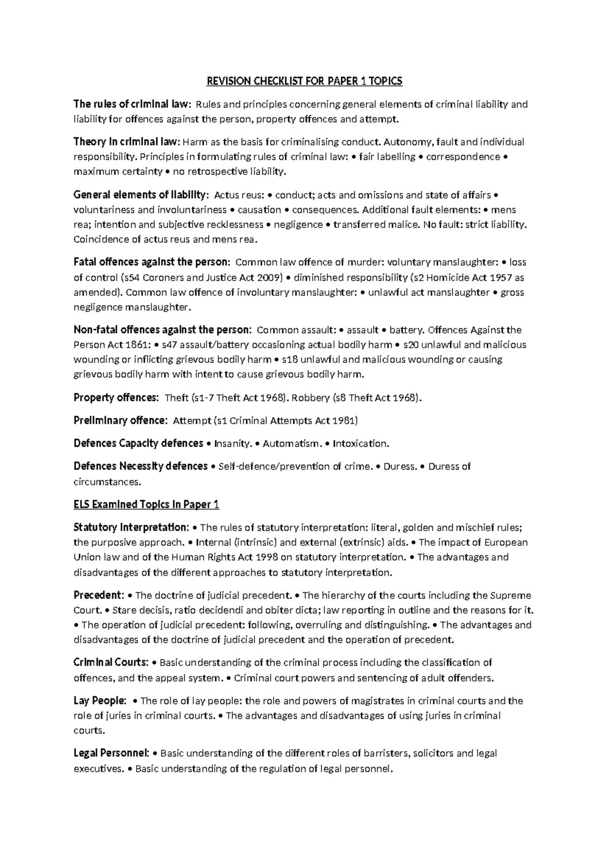 Revision Checklist for Criminal Law Paper 1 Topics - Studocu