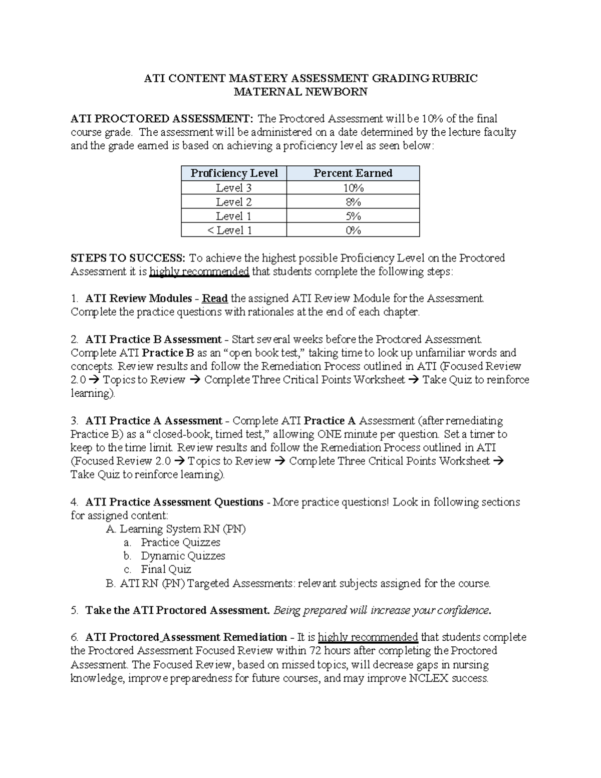 ATI Proctored Assessment Grading Rubric - Maternal Newborn Fall 2022 ...