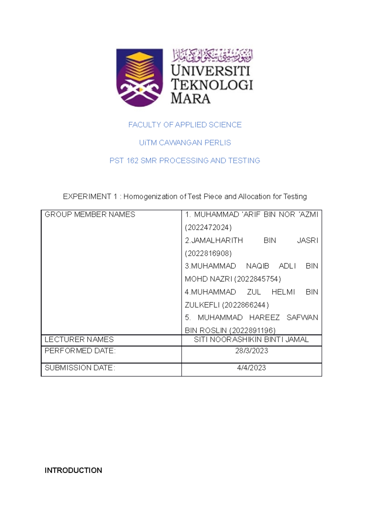 LAB Report PST 162: Homogenization Experiment 1 for Rubber Sample - Studocu