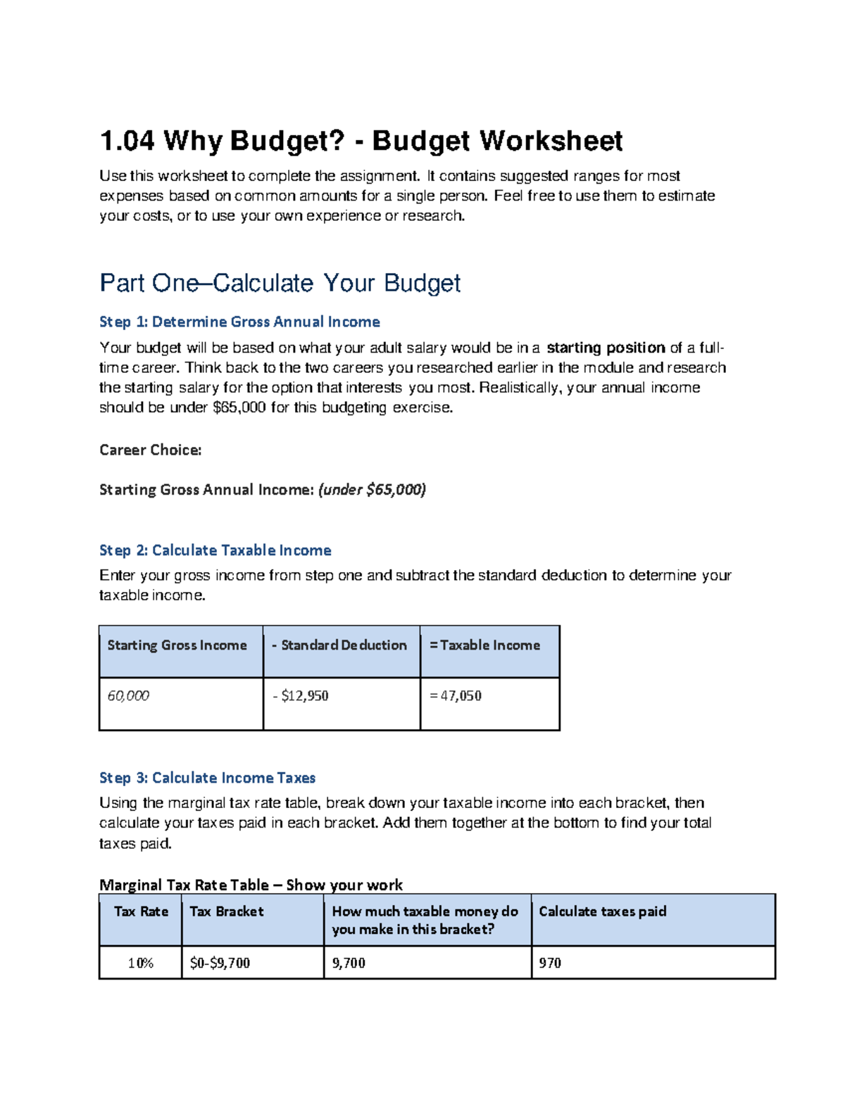 Budgeting Worksheet Assignment - 1.04 Budget Analysis - Studocu
