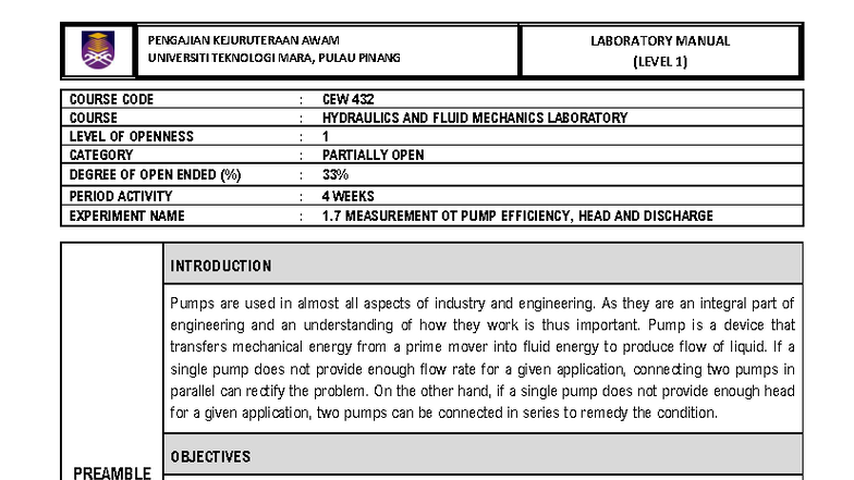 L1.7 Pump Efficiency Lab Manual - CEW 432 Hydraulics - Studocu