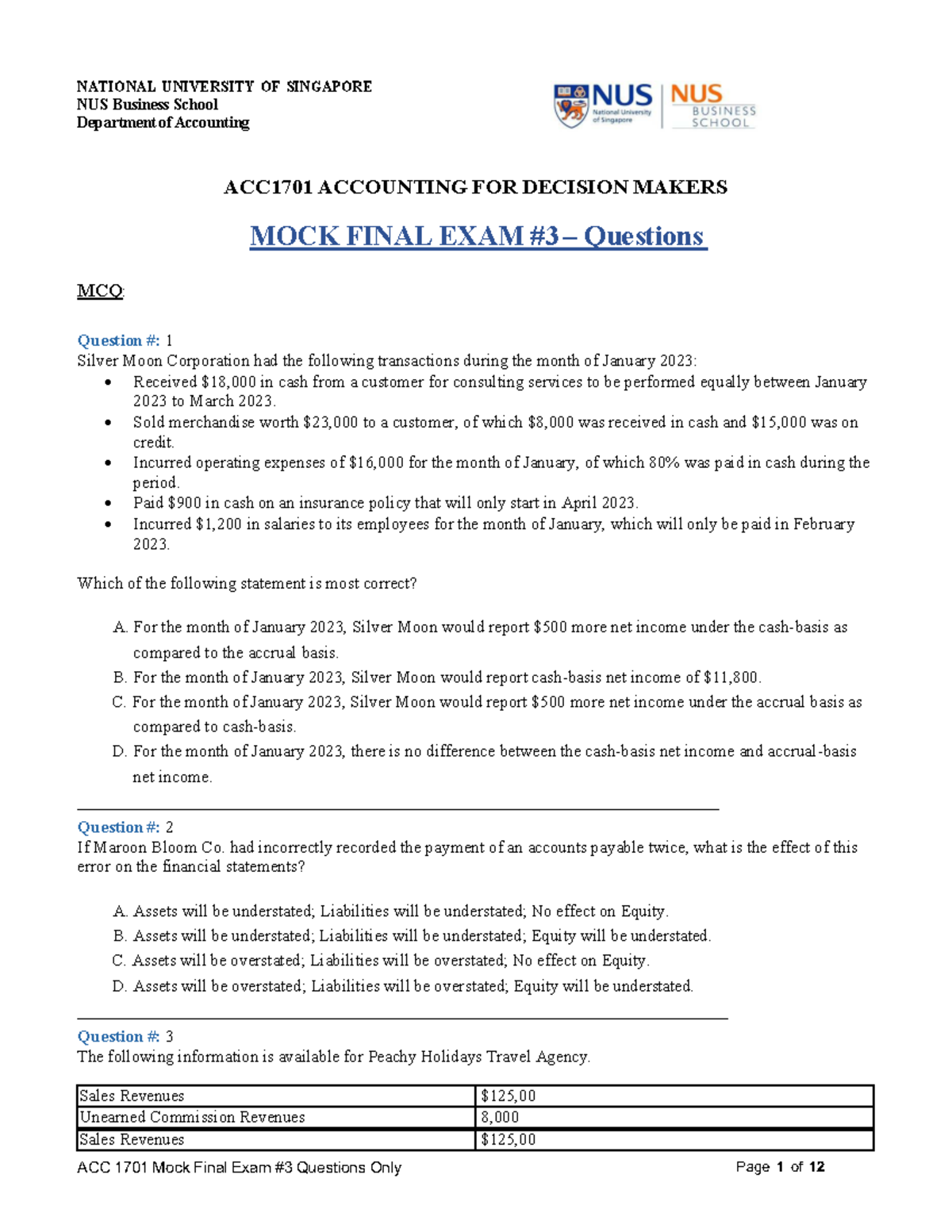 ACC1701 Mock Final Exam Questions for Accounting Decision Makers - Studocu