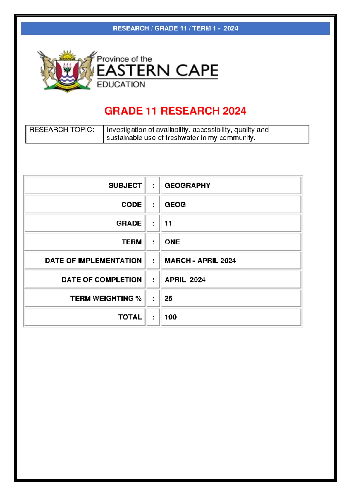 Research Project GEOG 11: Freshwater Availability & Sustainability ...