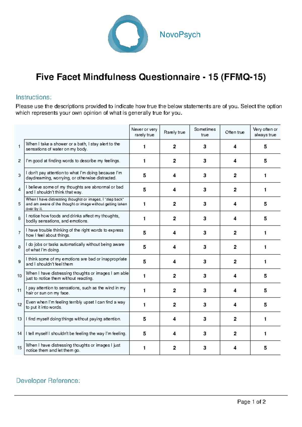 Ffmq 15 mindfulnesss questionaire - NovoPsych Five Facet Mindfulness ...