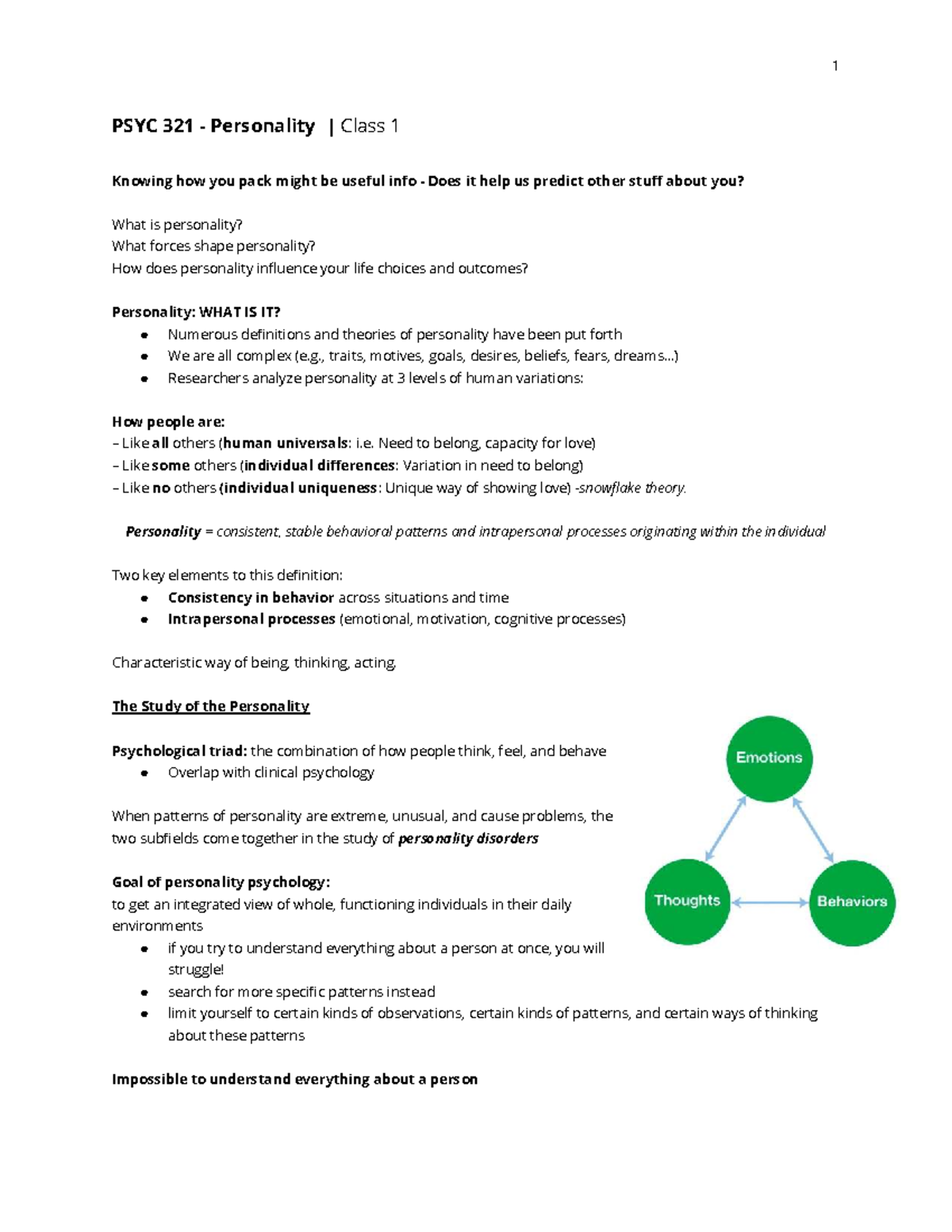 PSYC 321 - Personality Theories and Influences: Class 1 & 2 Notes - Studocu