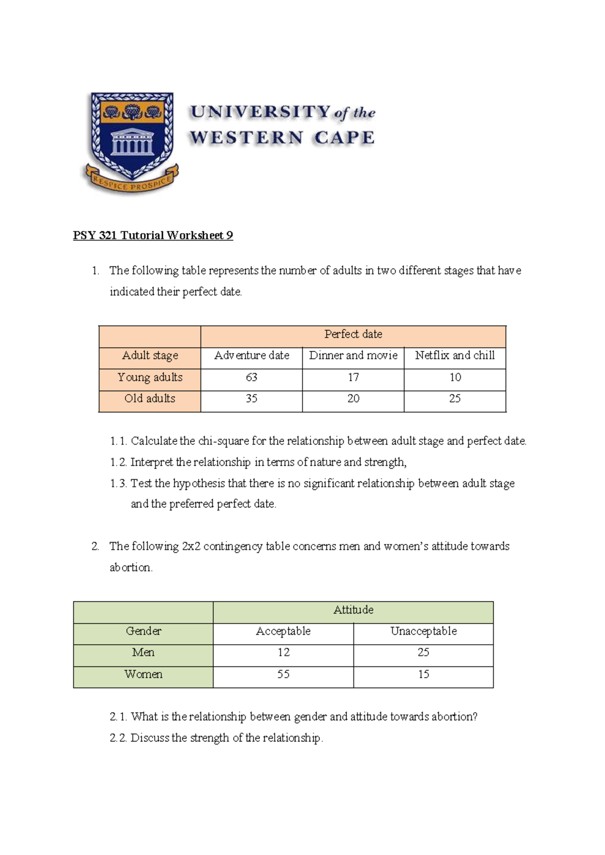 PSY 321 Tutorial Worksheet 9: Relationships in Adult Preferences - Studocu