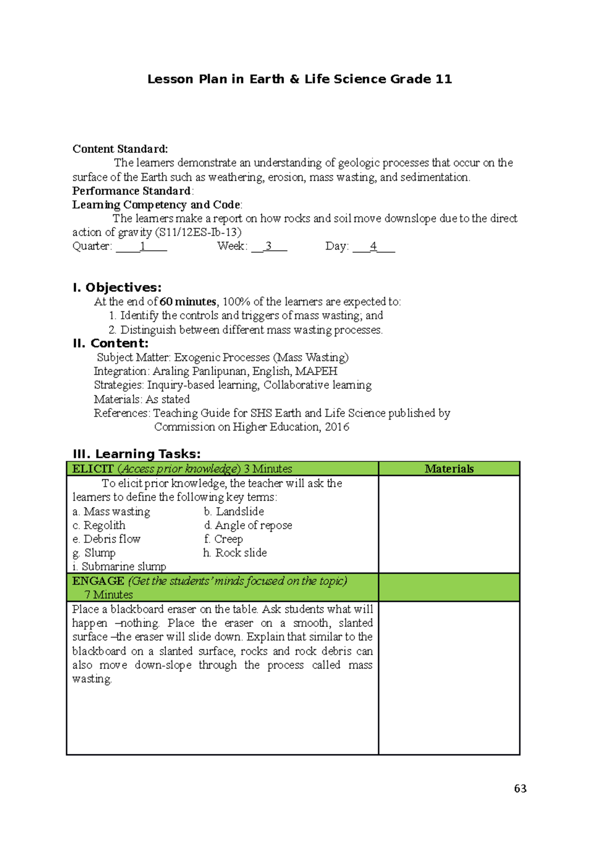 LC 13-1 - Lesson Plan on Mass Wasting in Earth & Life ScienceGrade 11 ...