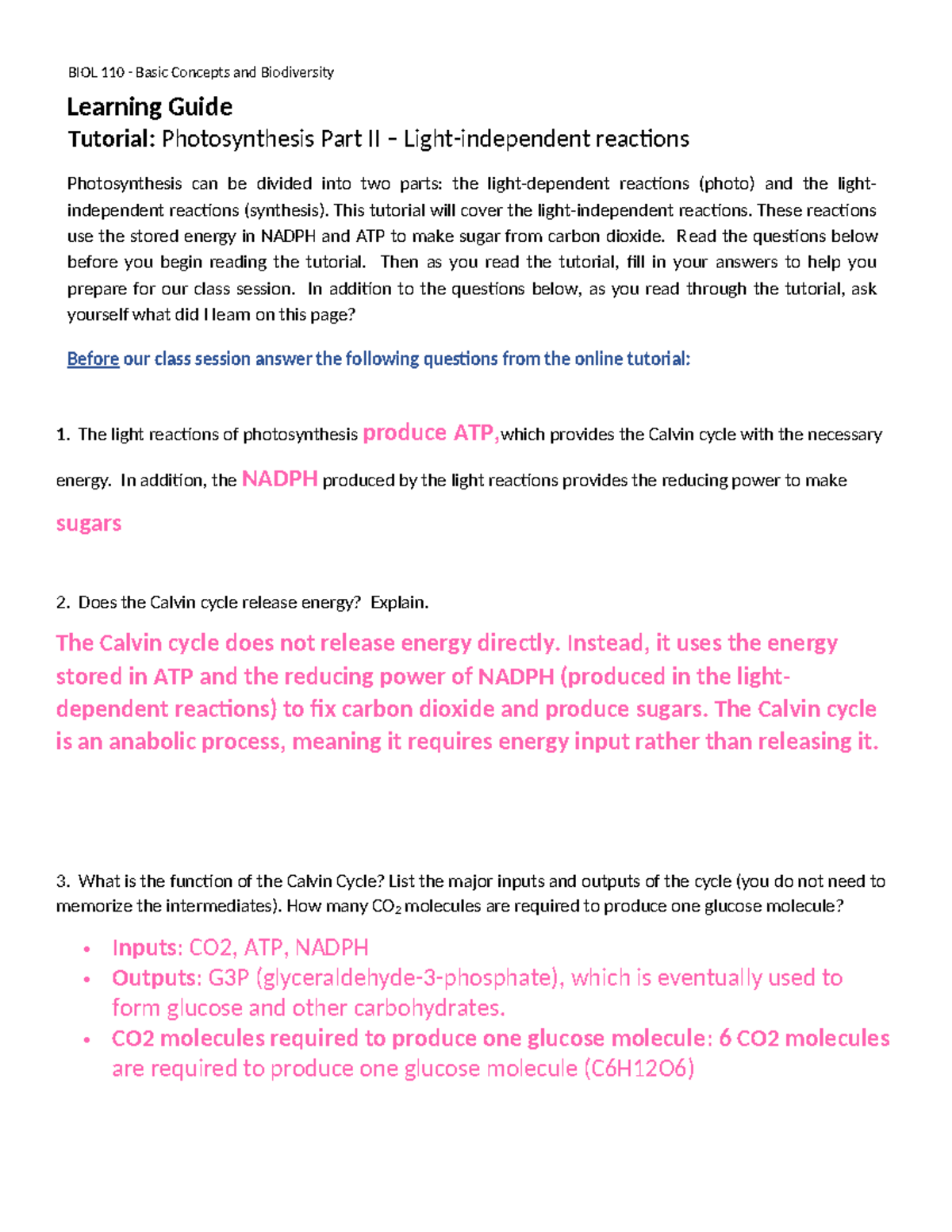 BIOL110 Learning Guide for Tutorial 23 - Photosynthesis Part II - BIOL ...