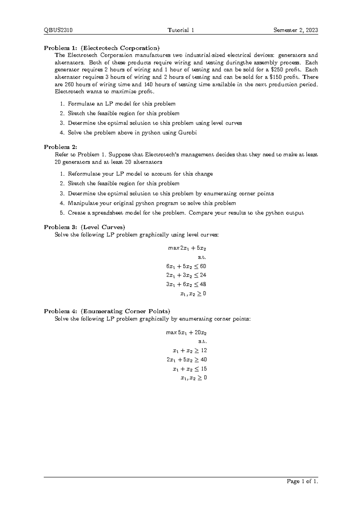 QBUS2310 Tutorial 1 - Week 1 Questions on LP Models & Solutions - Studocu