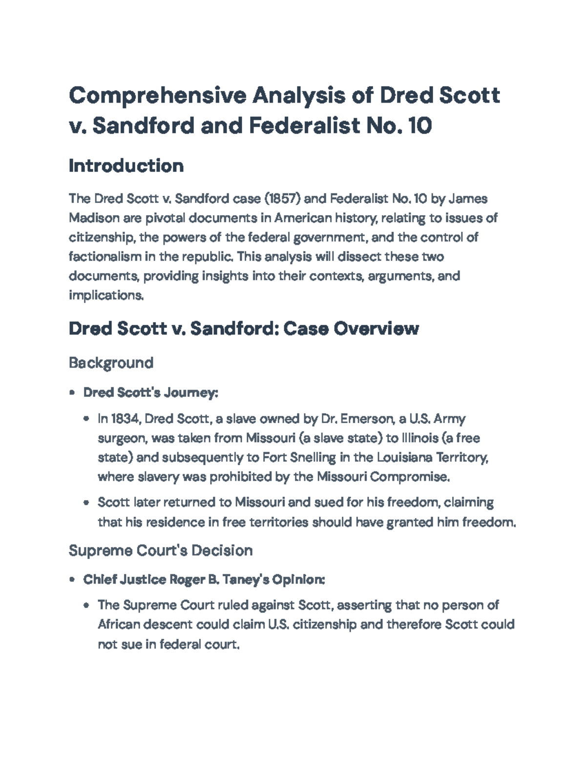 Analysis of Dred Scott v. Sandford and Federalist No. 10 Contributions ...