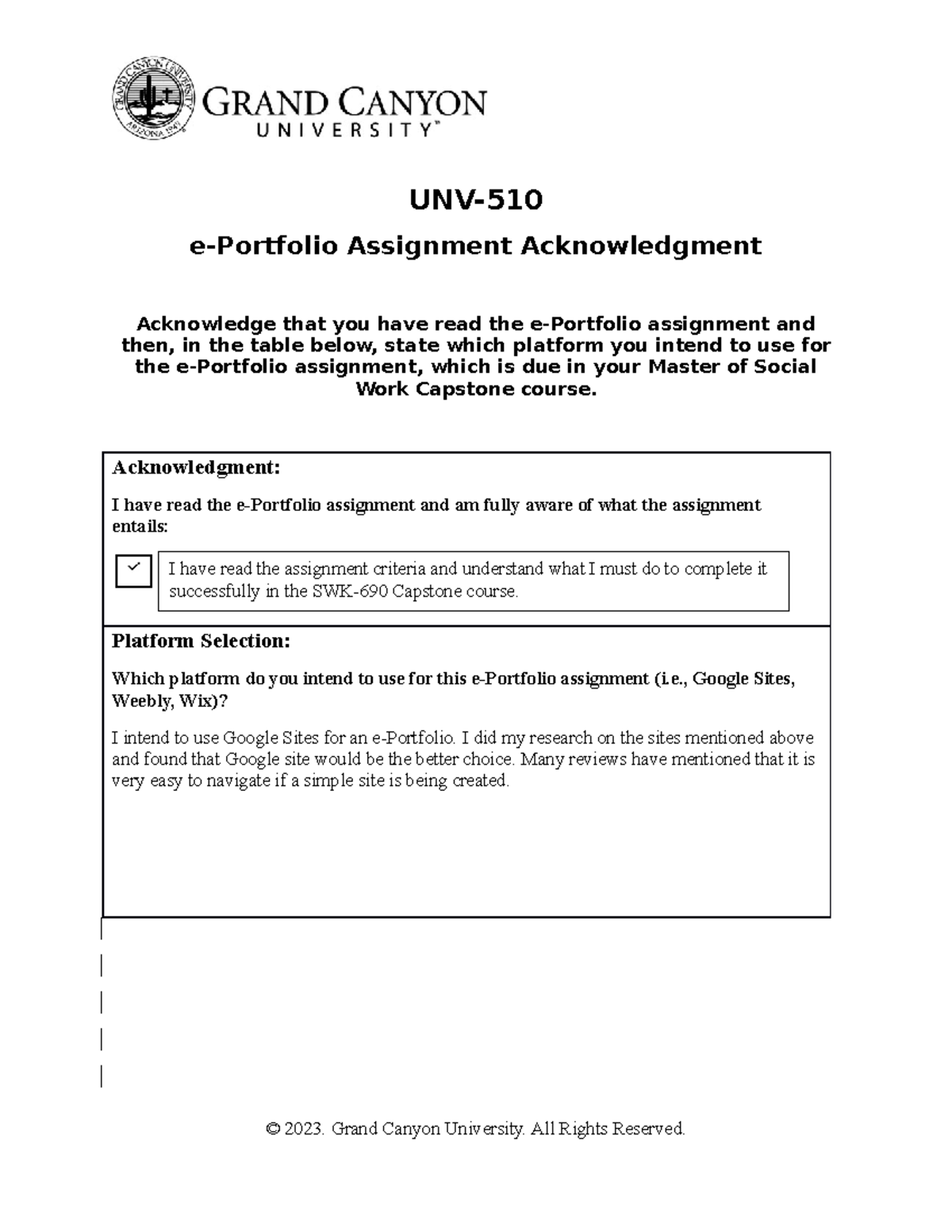 UNV 510 RS e-Portfolio Acknowledgment for SWK 690 Capstone Course - Studocu