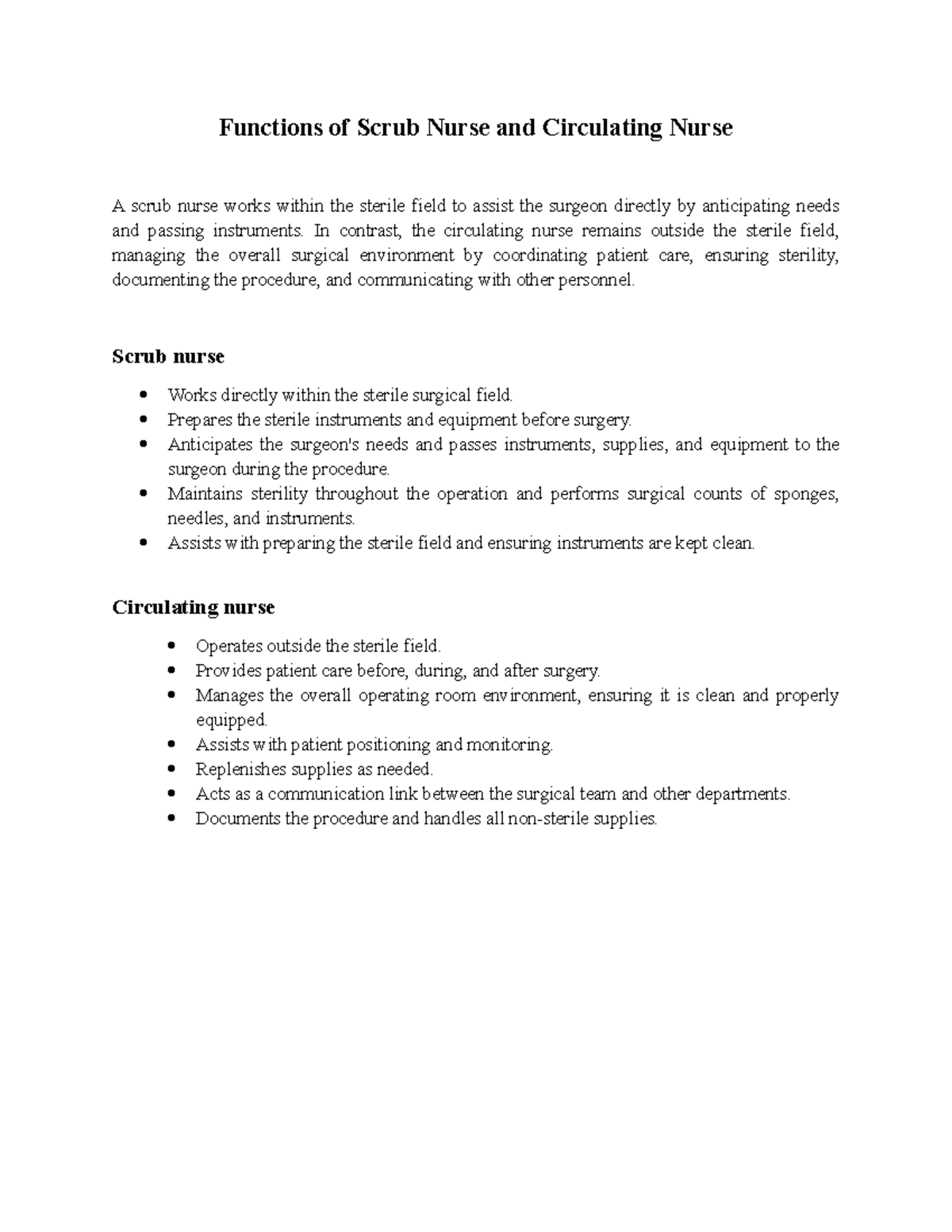 Functions of Scrub Nurse and Circulating Nurse: Roles Explained - Studocu