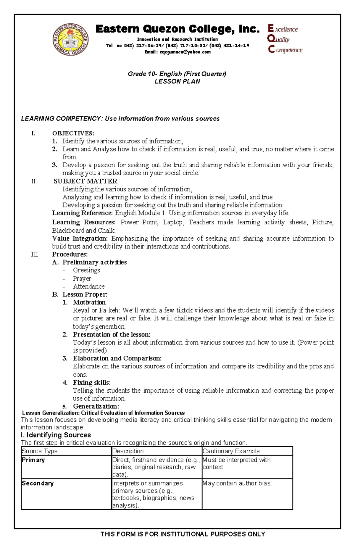 Grade 10 English (1st Quarter) Lesson Plan: Evaluating Information ...